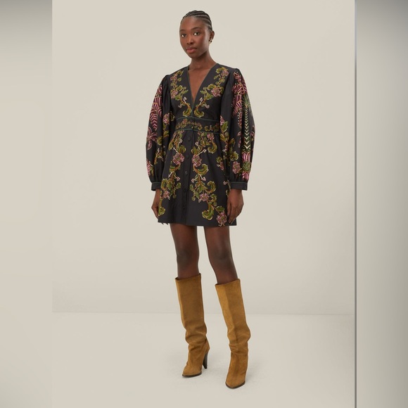 FARM Rio | Dresses | Farm Rio Black Ravenala Puff Sleeve Mini Dress ...